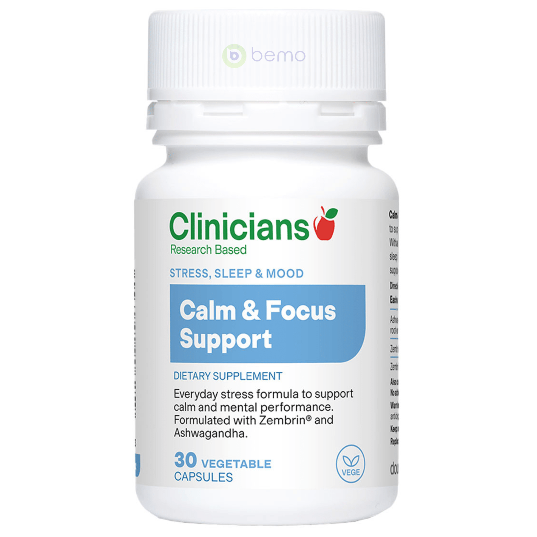 Clinicians, Calm & Focus Support, 30 Veg Capsules | bemo
