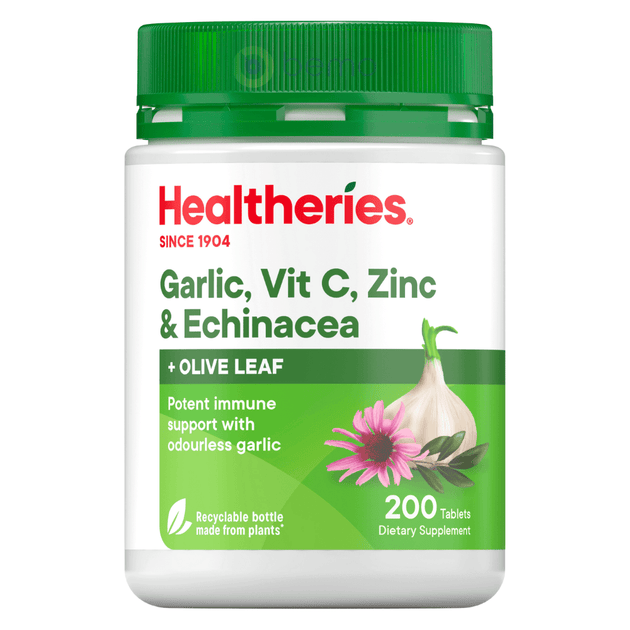 Healtheries, Garlic, Vit C, Zinc & Echinacea with Olive Leaf, 200 ...